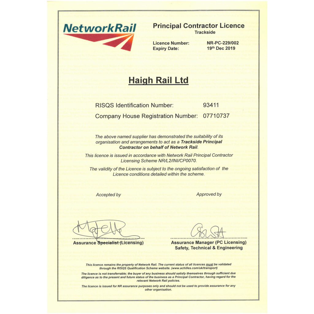 Full Principal Contractors Licence awarded to Haigh Rail - Haigh Rail